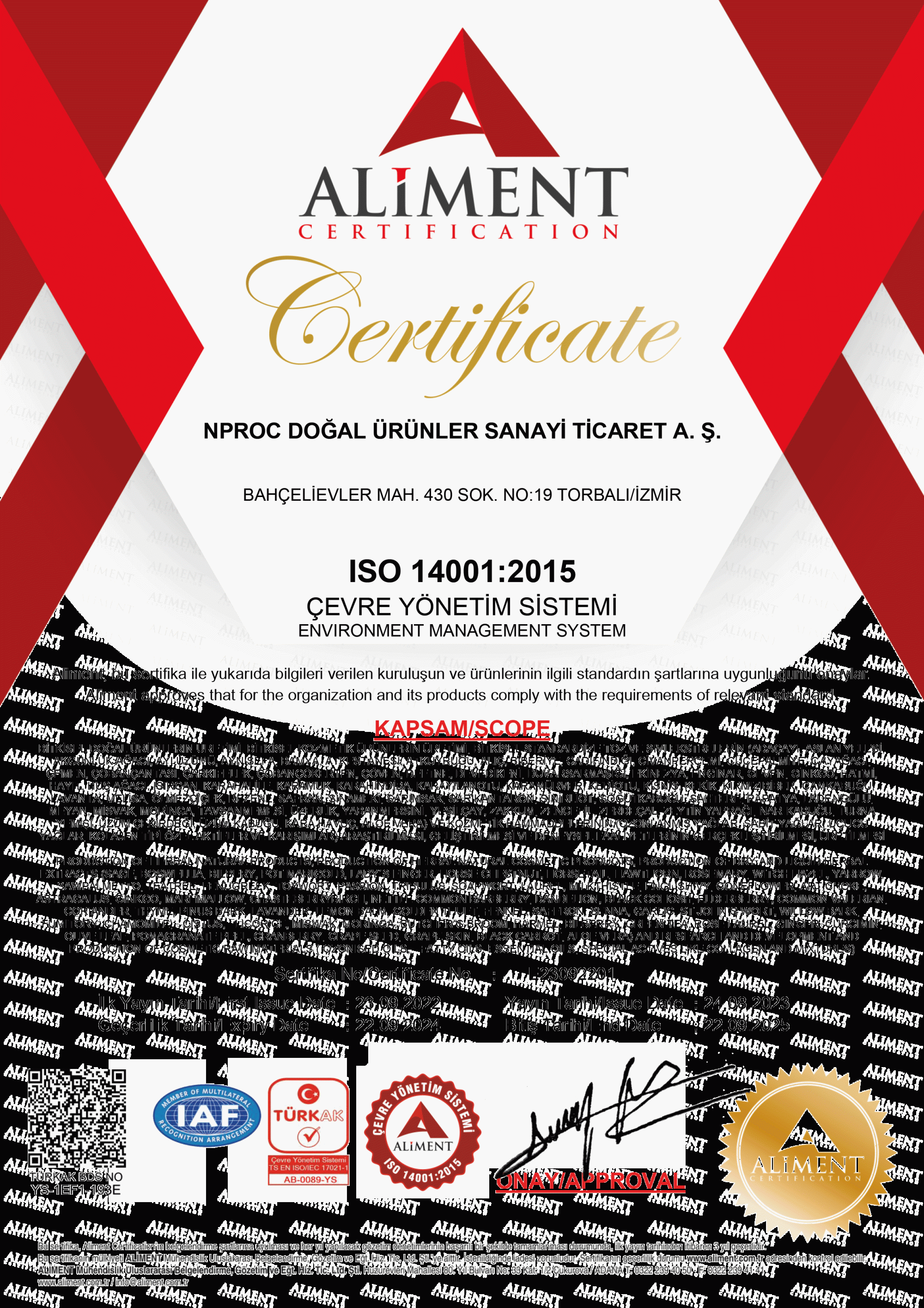 NPROC Sertifikalar - ISO 9001, ISO 14001, GMP, HALAL ve COSMOS Onaylı Bitkisel Hammadde Üretimi ...